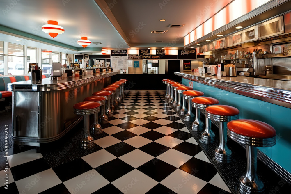 Retro diner with checkered floors and shiny chrome counter. Stock ...