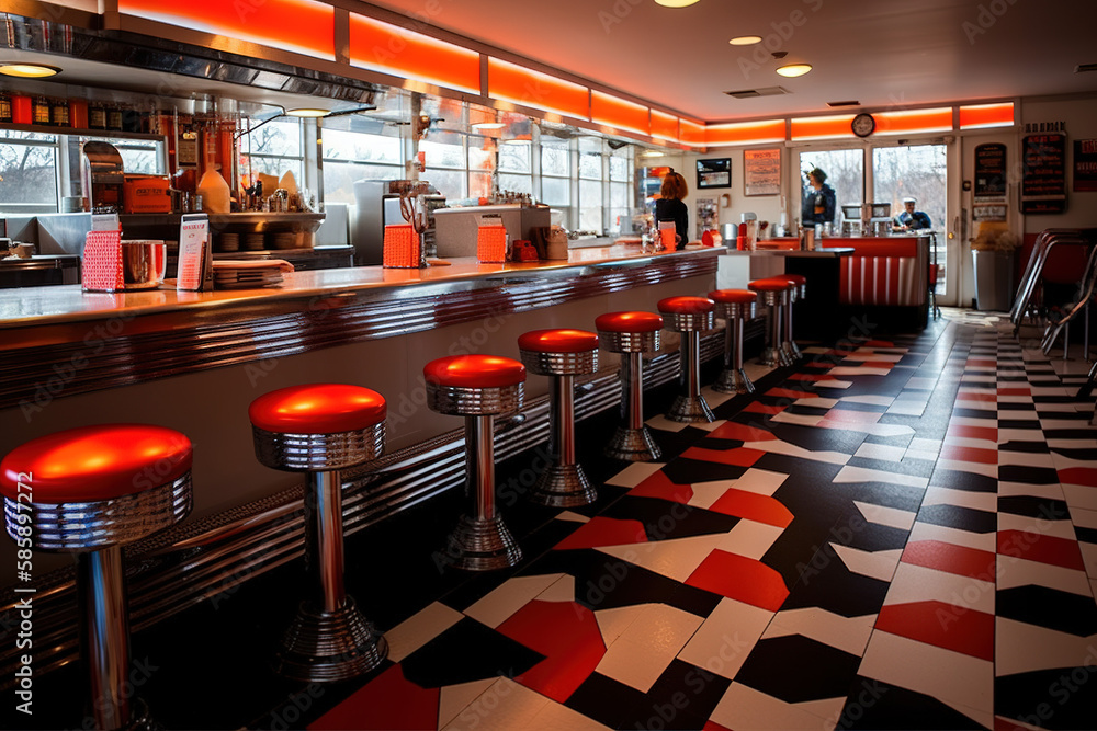 Retro diner with checkered floors and shiny chrome counters. Stock ...