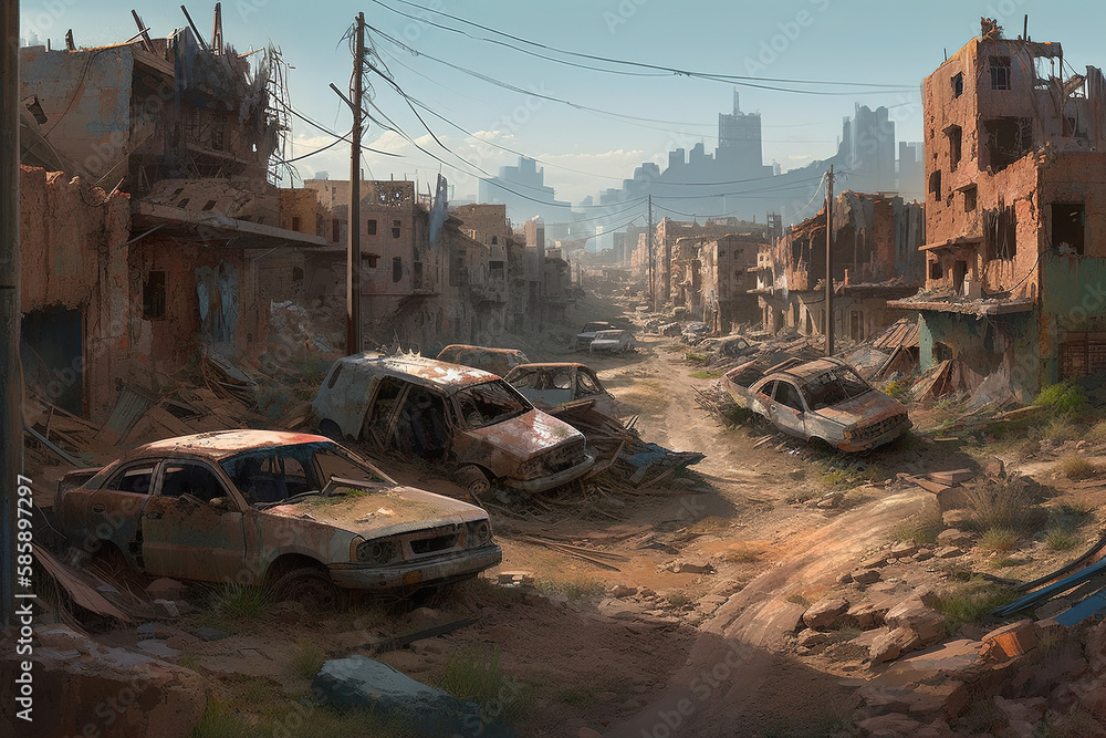 A Desolate ruins in a desolate wasteland with decaying buildings. Stock ...