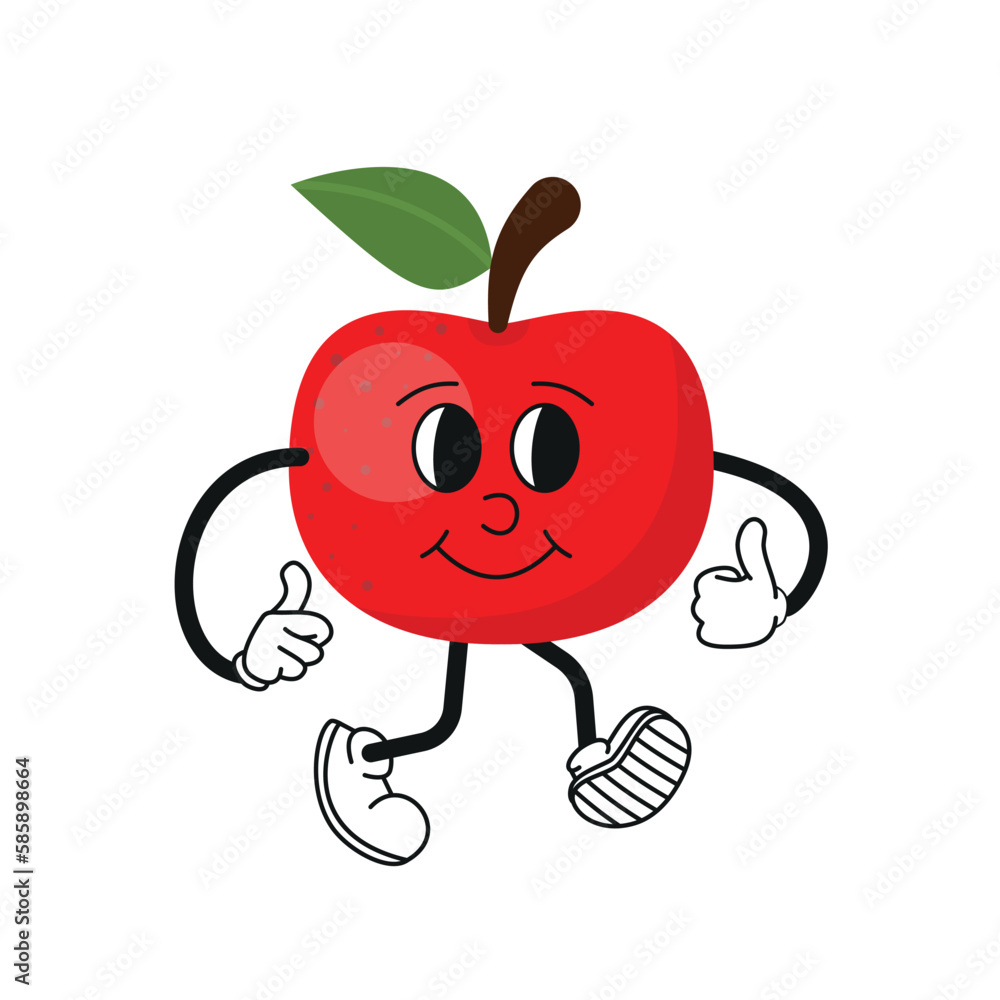 Retro cartoon fruit apple character. Modern illustration with cute ...
