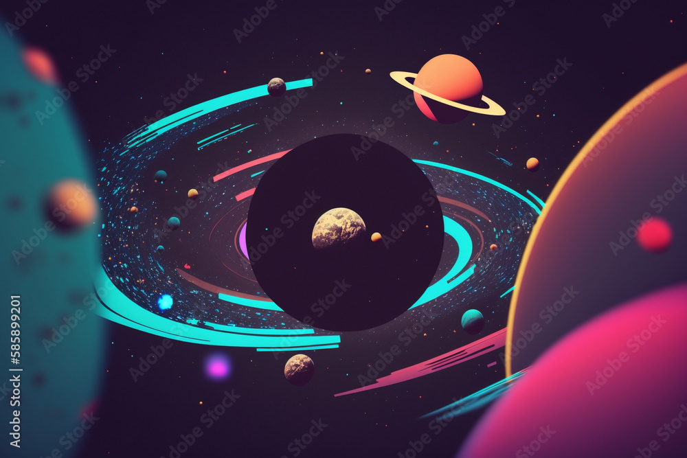 Minimalistic space design with planet and comet in circles and graphics ...