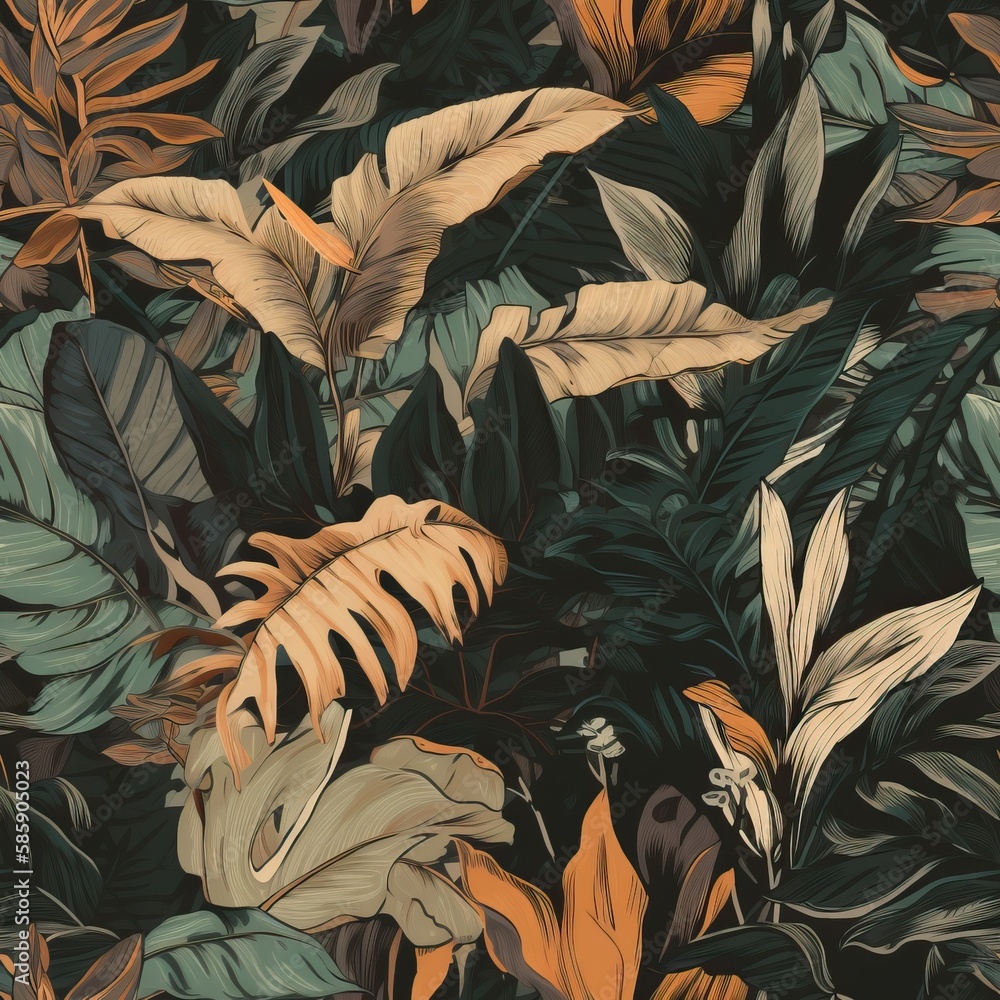 Large leaves of tropical trees. Seamless jungle background. Generated ...