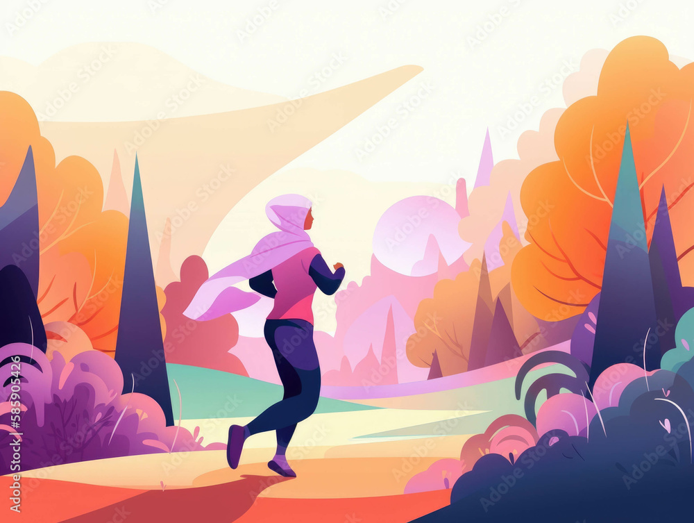 A lively Muslim woman in hijab jogs through the park her bright hijab ...