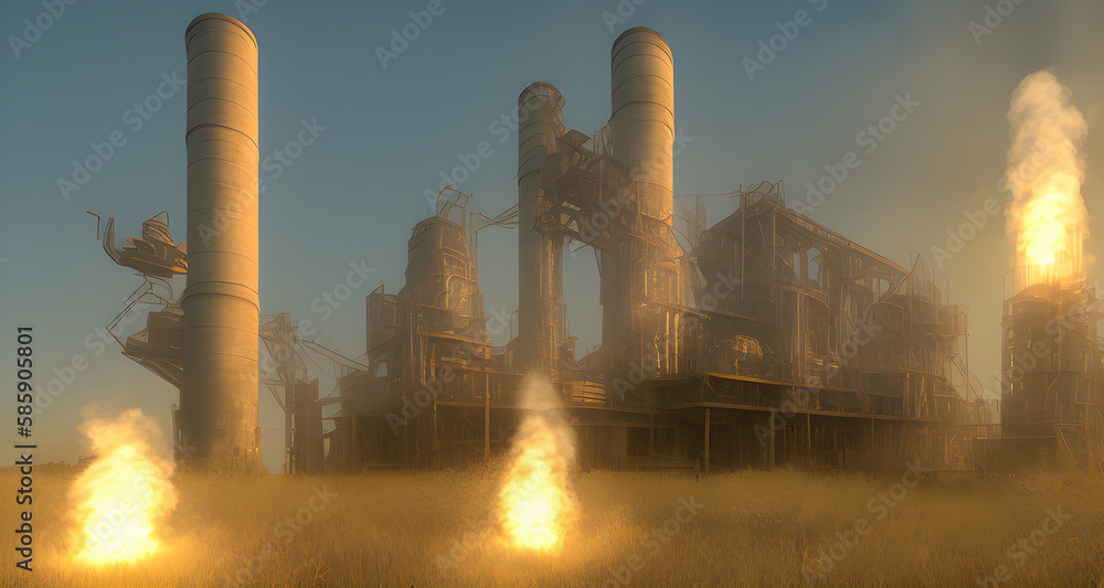 Industrial building on fire. Explosions and flames. Background ...