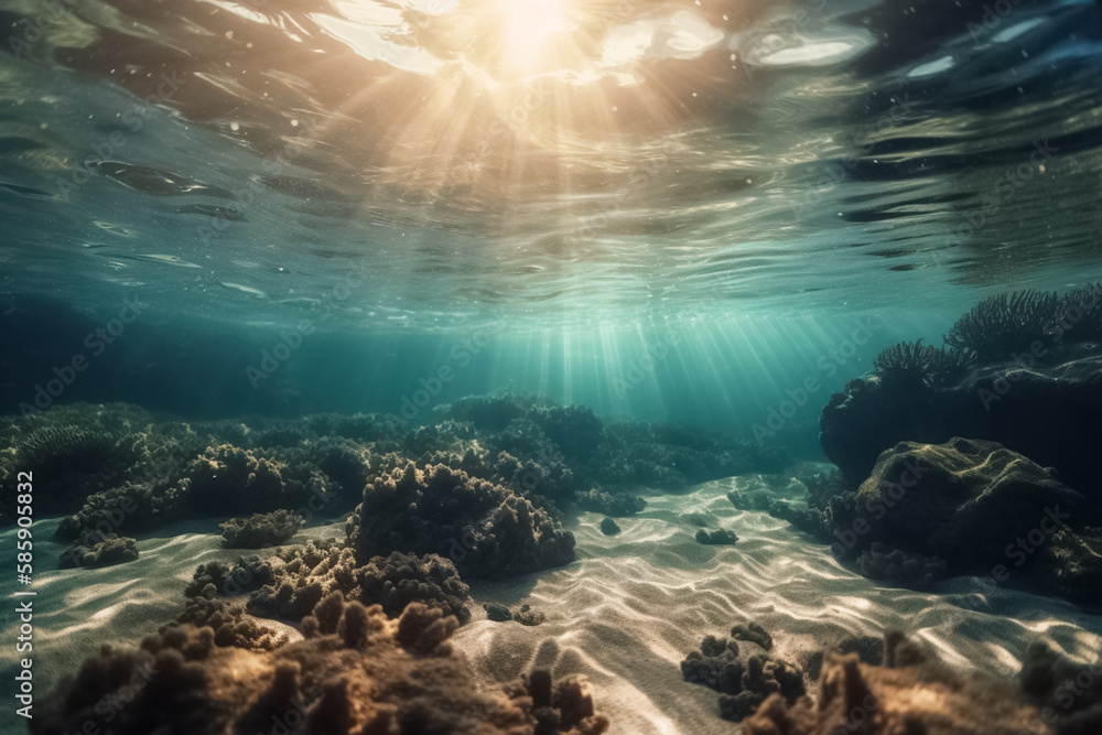 View underwater to surface ocean, sunbeam penetrate through the top ...