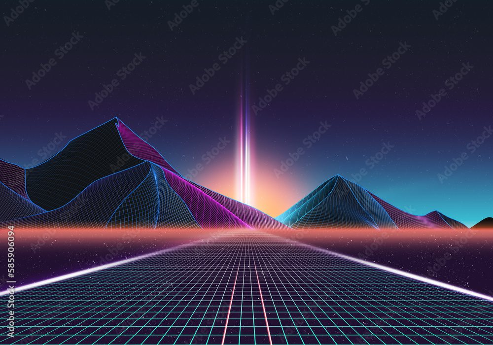 Photorealistic 80s 90s cyber punk landscape. New retro wave matte ...