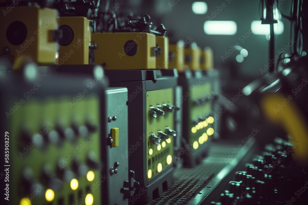 Industrial machine components on conveyor belt. Macro shot of ...