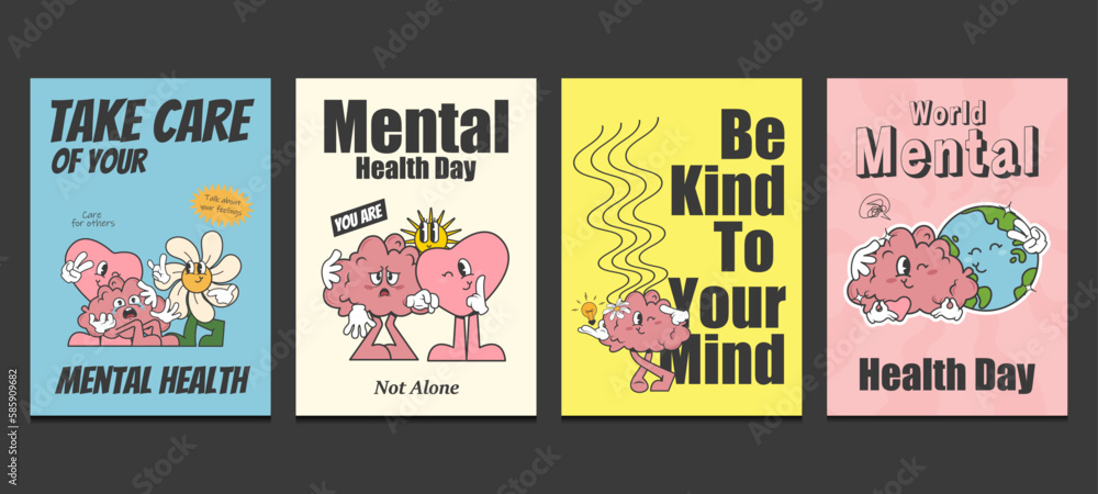 Mental Health Day Posters Retro Posters Vector Illustration Stock