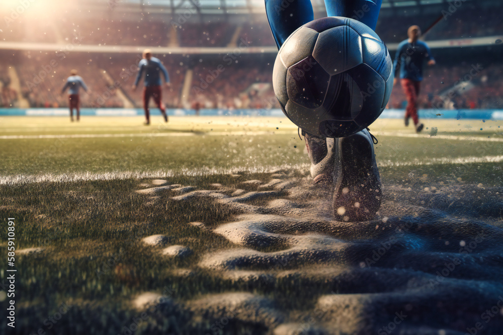 A vibrant, action-packed soccer field with players frozen mid-stride, a ...