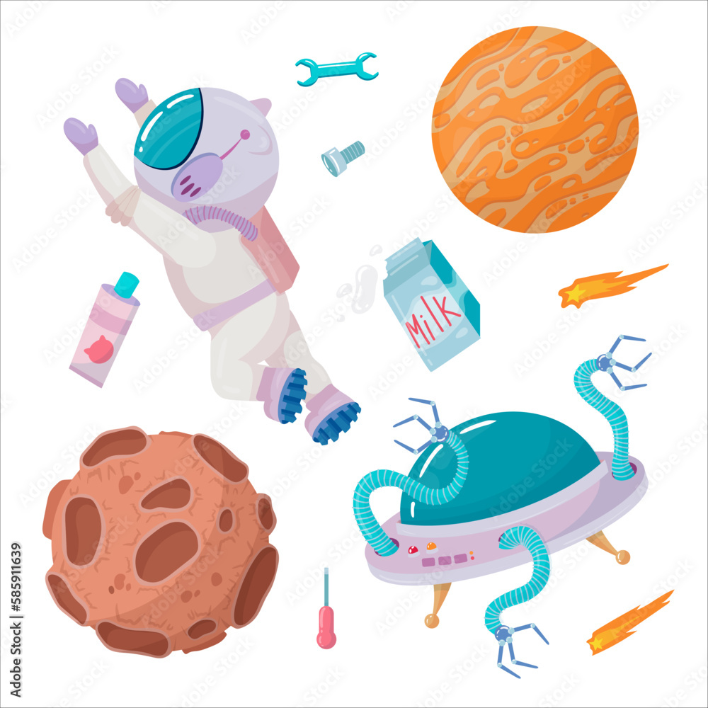 Grafika wektorowa Stock: Astronaut. A set of objects: UFOs, spaceships ... Grafika wektorowa Stock: Astronaut. A set of objects: UFOs, spaceships ...