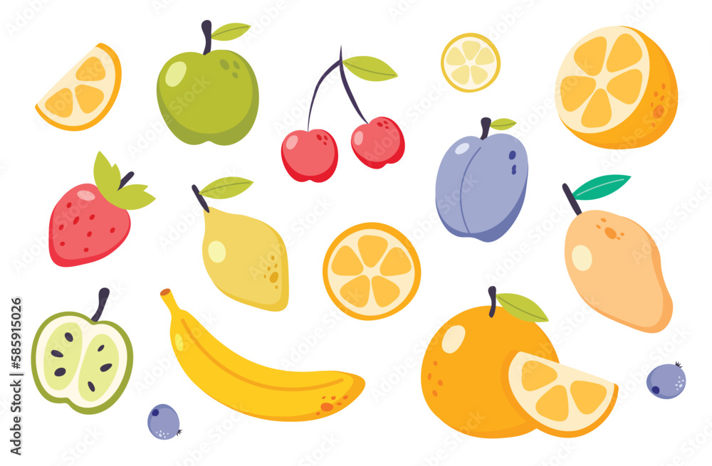 Summer fruit collection. Set of fresh tropical and garden fruits ...