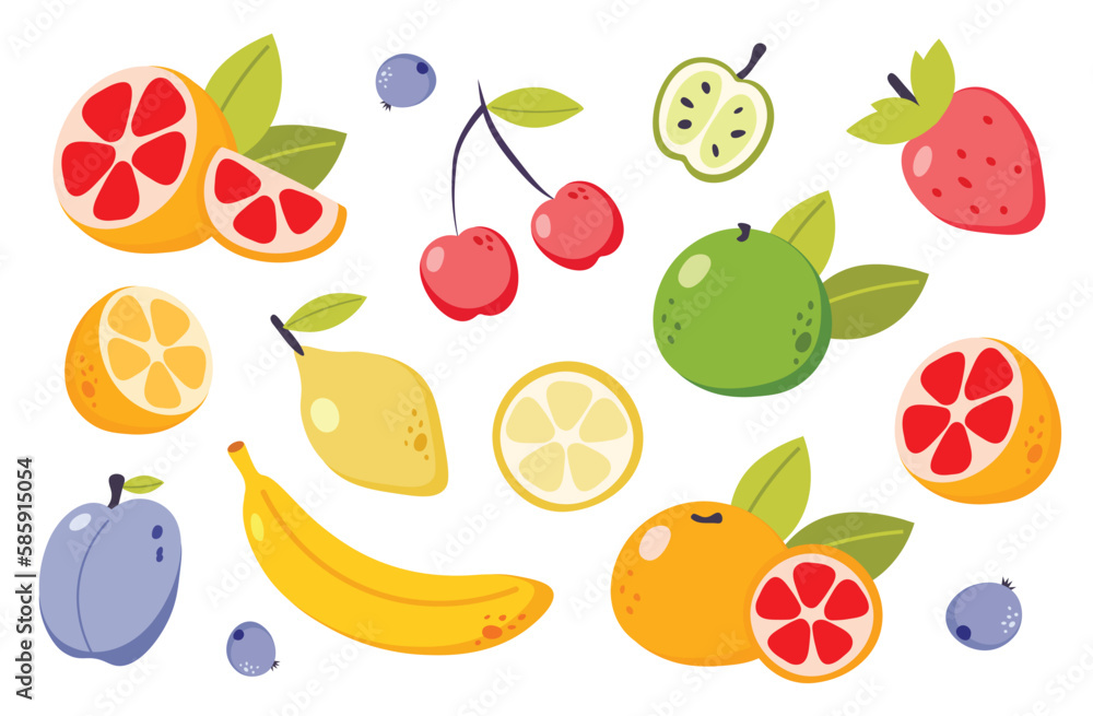 Summer fruit collection. Set of fresh tropical and garden fruits ...