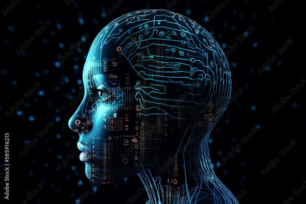 Artificial intelligence concept, a digital humanoid android robot face. AI technology, Chat GPT ...