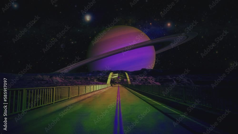 Surreal Space Road Planets Scifi Scene Zoom In at Night. Zoom in to a ...