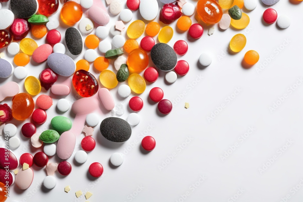 many different colored pills scattered on top of each other on a white ...