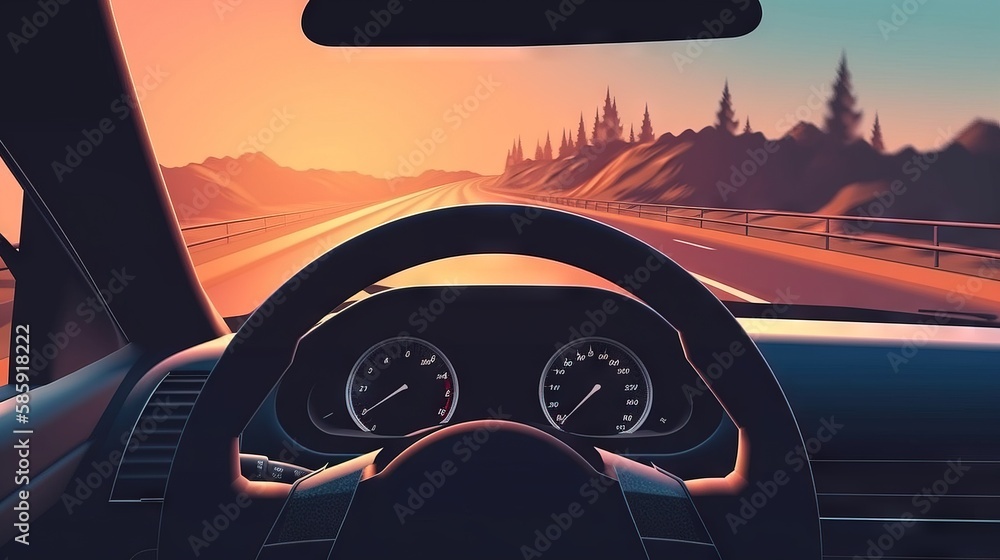 a car driving down a road with a view of the sun setting in the ...