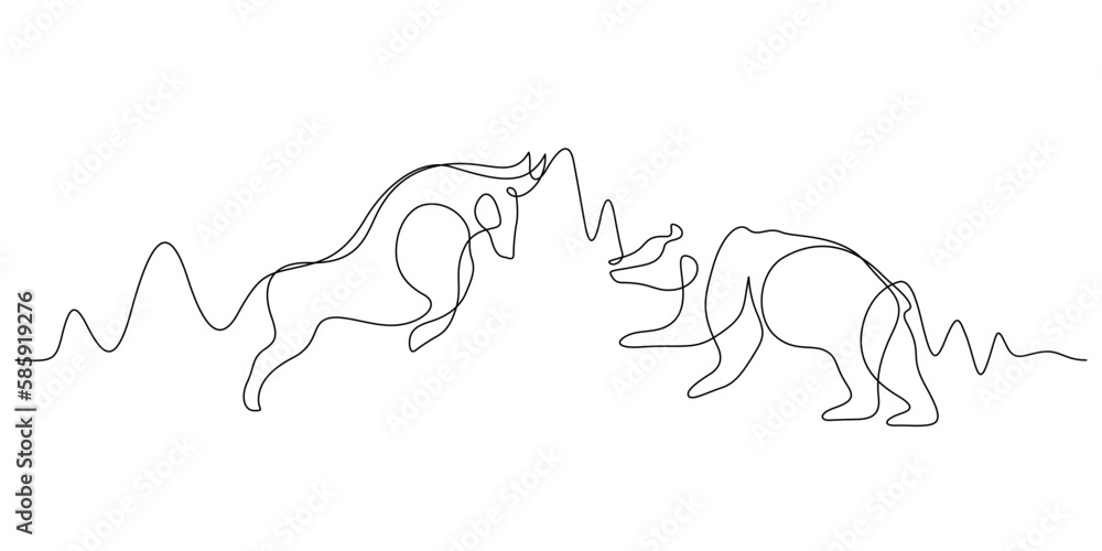 stock market exchange bull and bear concept in continuous line drawing ...