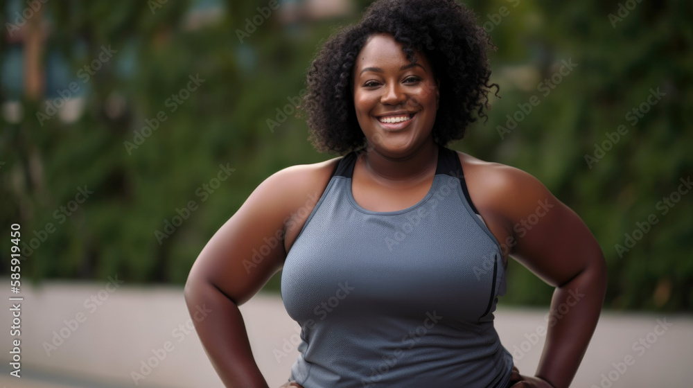 Beautiful Smiling Happy Plus-Sized Woman of Colour Exercising. Large ...