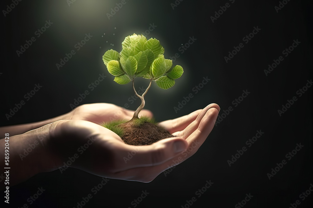 Hand holding coins and tree look like as planting on greenery ...