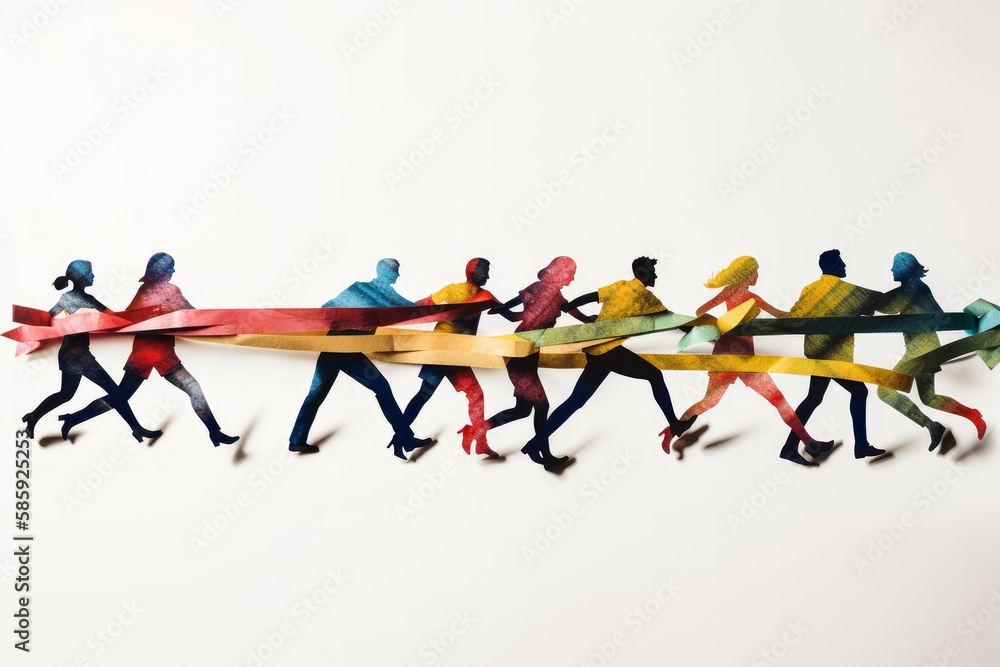 An abstract group of people working together to untangle a rope problem ...