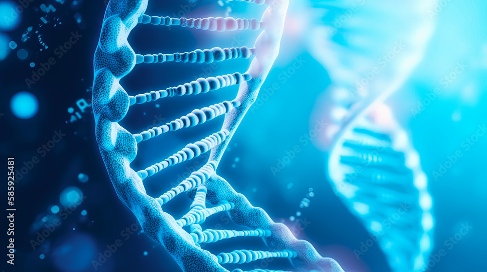 Blue purple vertical dna helix with parts of it scattered around over ...