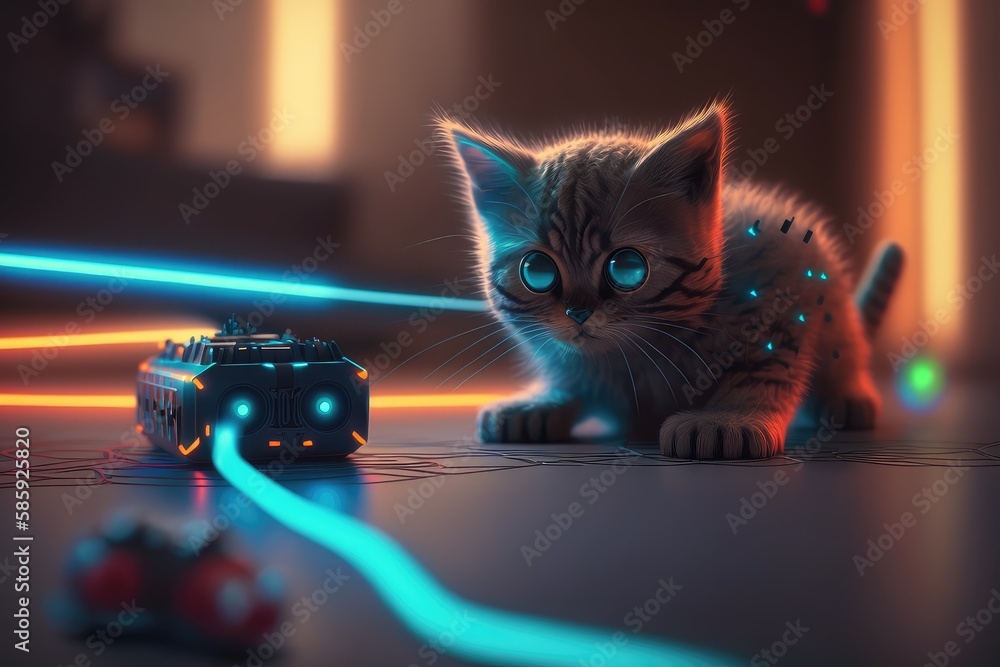 robotic kitten playing interactive game of laser tag indoors, created ...