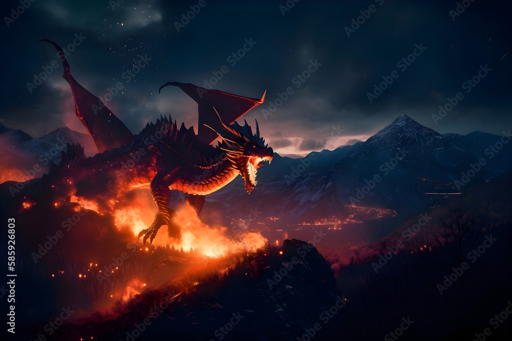 Fire breathes explode from a giant dragon in a black night, the epic ...