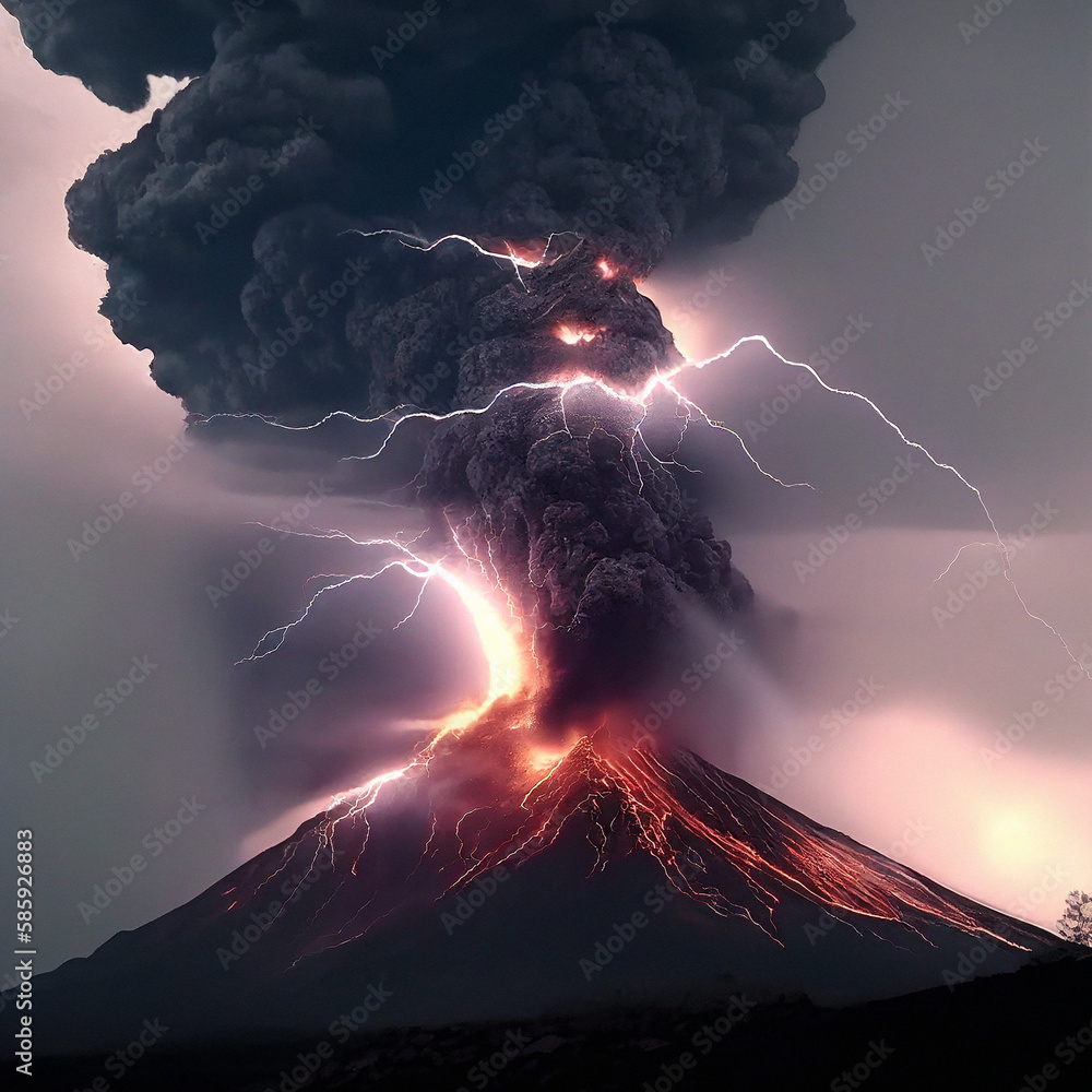 Volcanic Eruption and Lightning - Generative Ai Stock Illustration ...