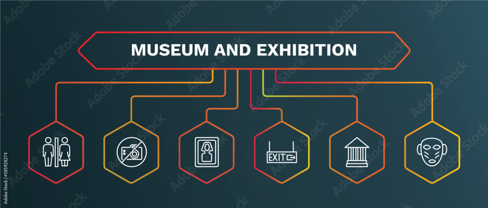 set of museum and exhibition white thin line icons. museum and ...