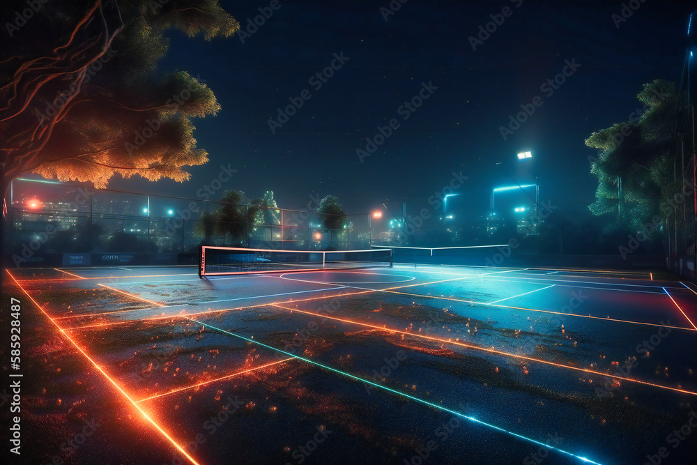 An illuminated tennis court under the night sky, with neon streaks ...