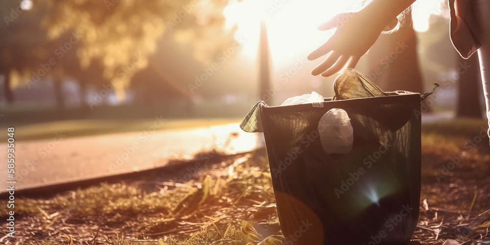 Earth Day - Woman's hand throwing garbage in a square at sunset. Human ...