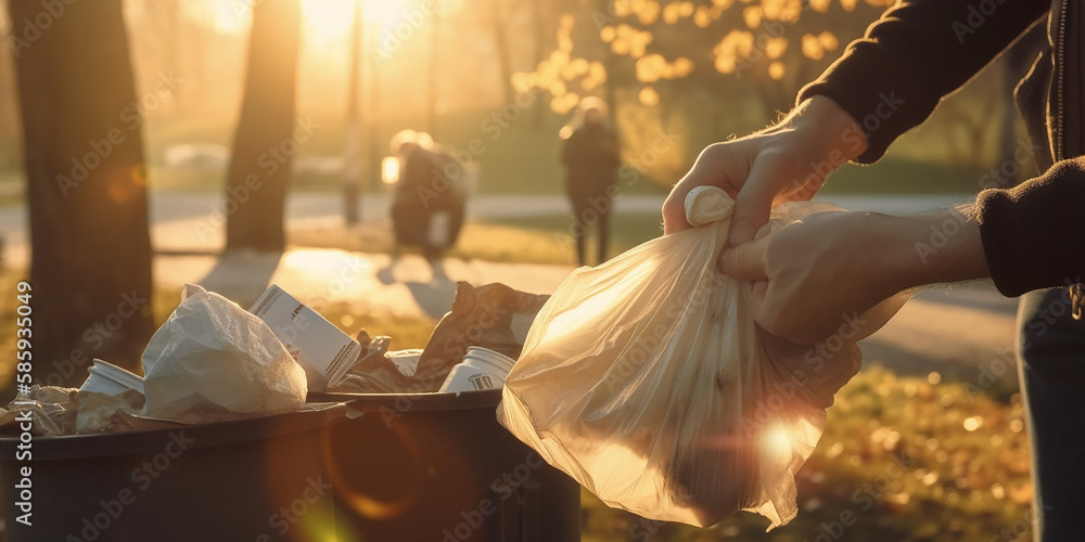 Earth Day - Human hand throwing garbage in a square at sunset. Woman's ...
