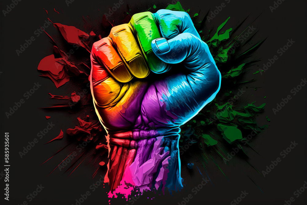 Rainbow multicolored fist raised high in solidarity, representing the ...
