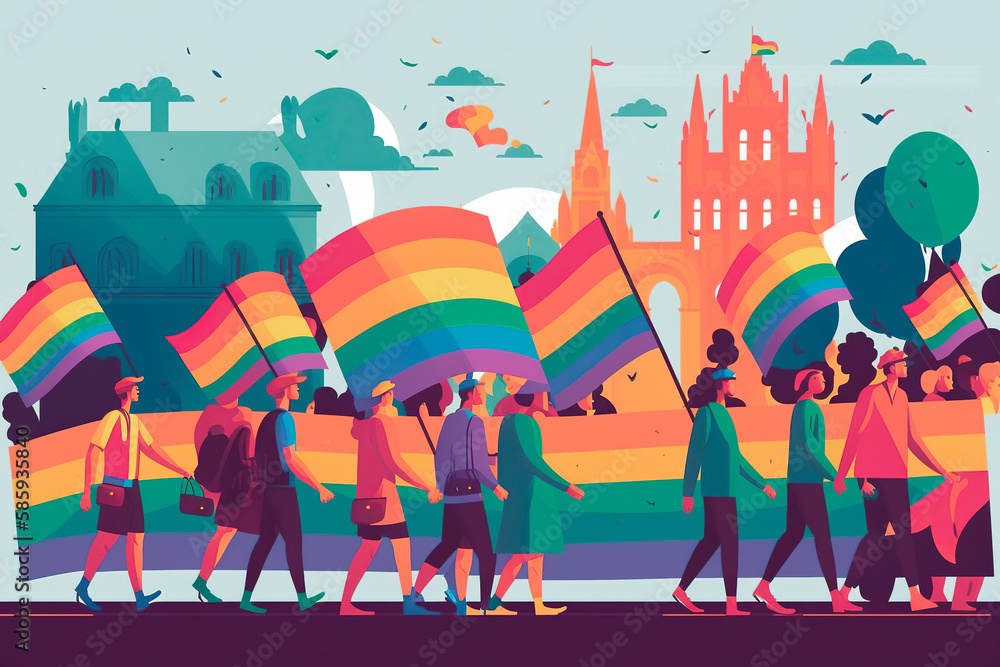 Festive and colorful parade of people waving rainbow flags marching ...