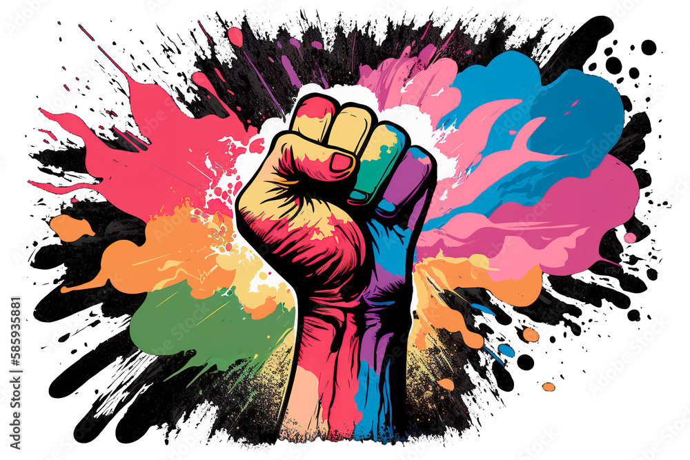 Powerful rainbow fist raised high in the air, a symbol of strength ...