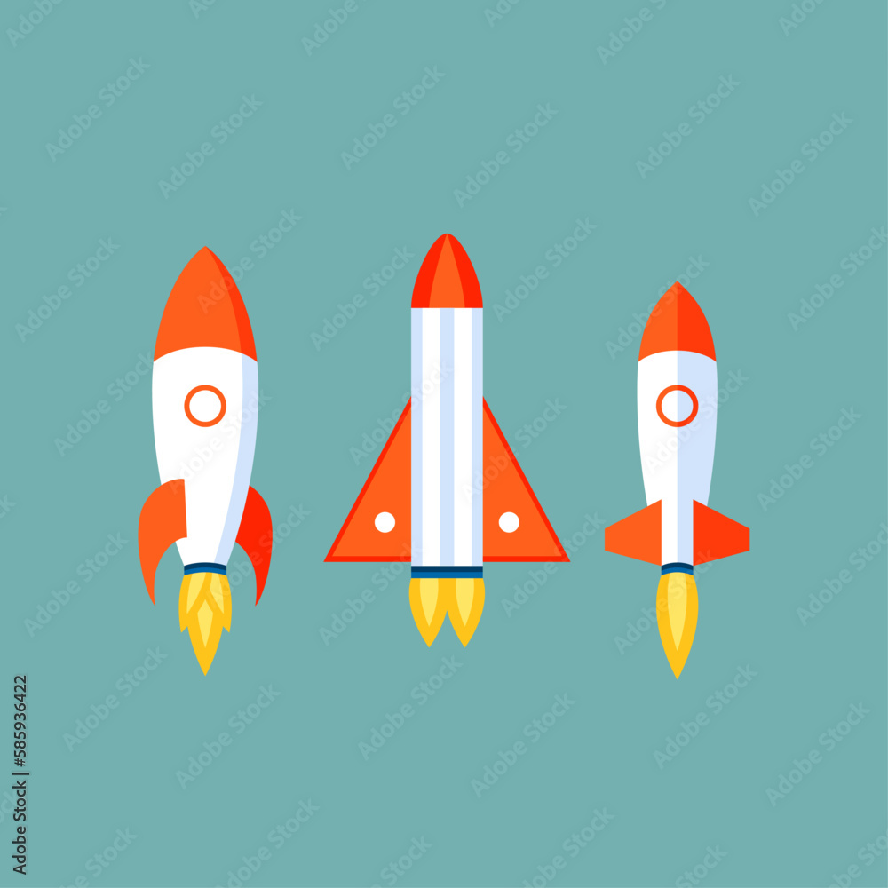 Poster Different shapes of cartoon rockets, rocket shapes flat style ...