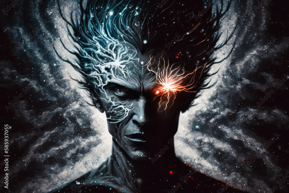 illustration of a man with tangled hair and evil look, red rays ...