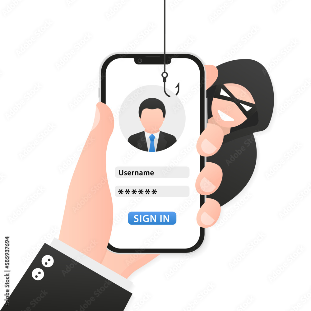 Hacker attack on user profile. Cyber criminal with laptop stealing user ...