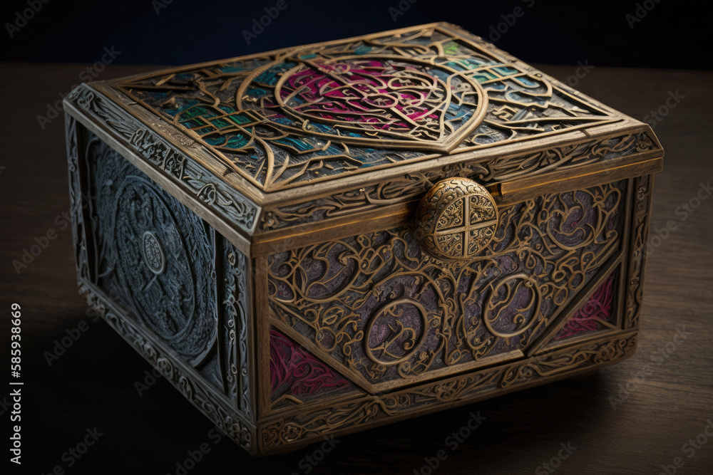 jewelry box with elaborate pattern and red accents, made of wood, round ...