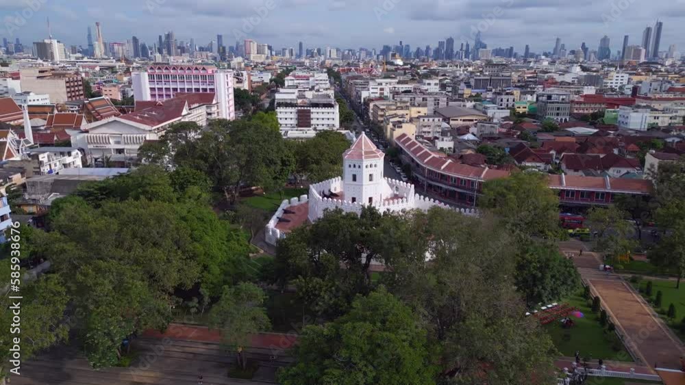 Video Stock Old white defense turret. Dramatic aerial view flight ...