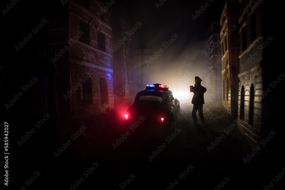 Police raid at night and you are under arrest concept. Silhouette of ...
