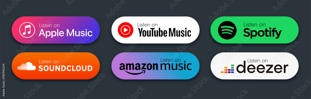 Popular Music streaming services listen on badges set. Apple Music, Spotify, Youtube Music ...