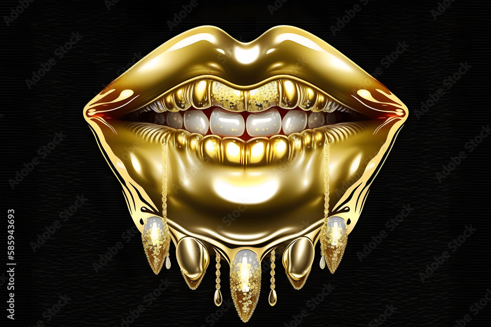 Gold Paint from the lips. Golden lips on beautiful model girls mouth. Make-up. Beauty makeup ...