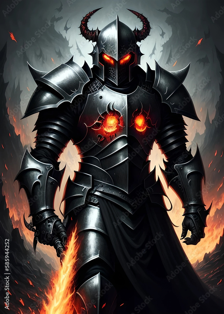 knight warrior with glowing eye and fire weapon ready to enter the war ...
