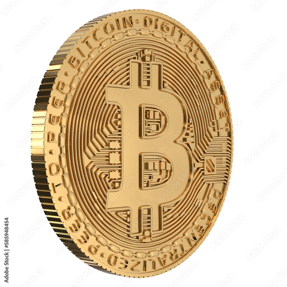 Golden bitcoin at angle of 45 degrees on the transparent background. 3d ...