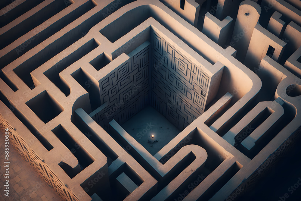 White labyrinth complex problem solving concept. Neural network AI ...