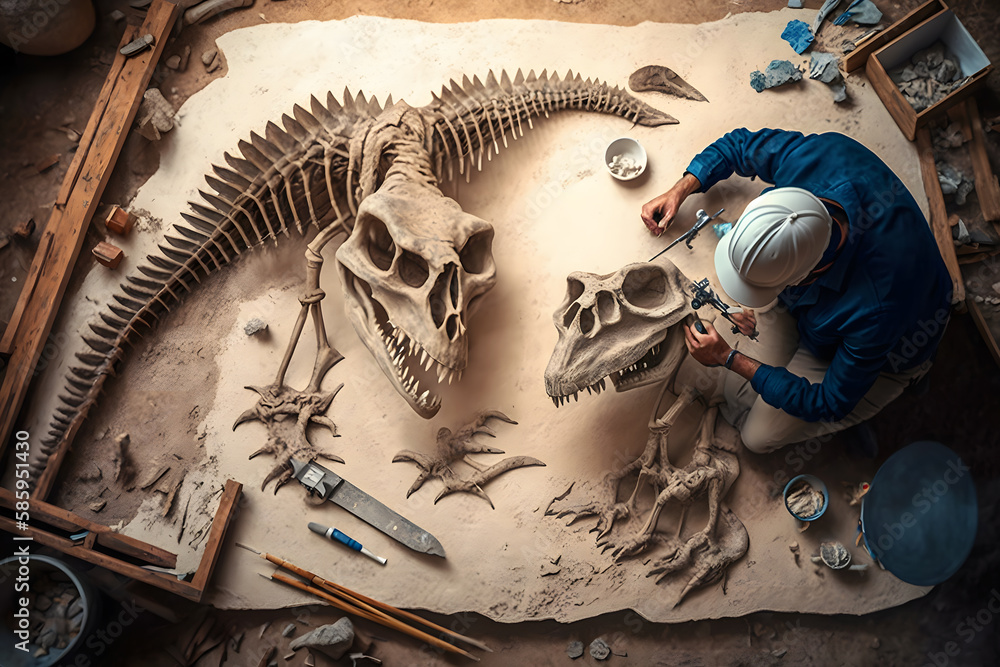 Archaeologist works on an archaeological site with dinosaur skeleton in ...