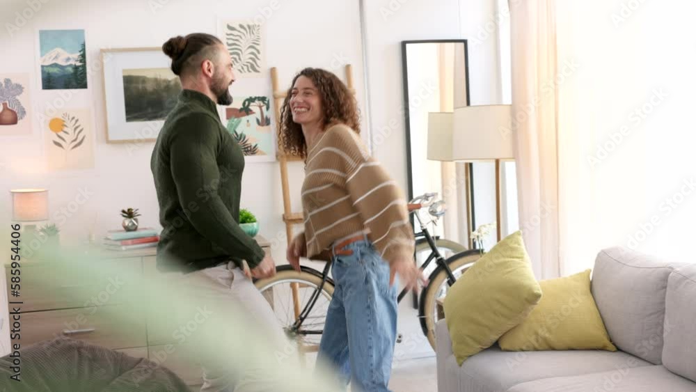 Dancing couple, fun and energy while doing a groovy dance to celebrate ...