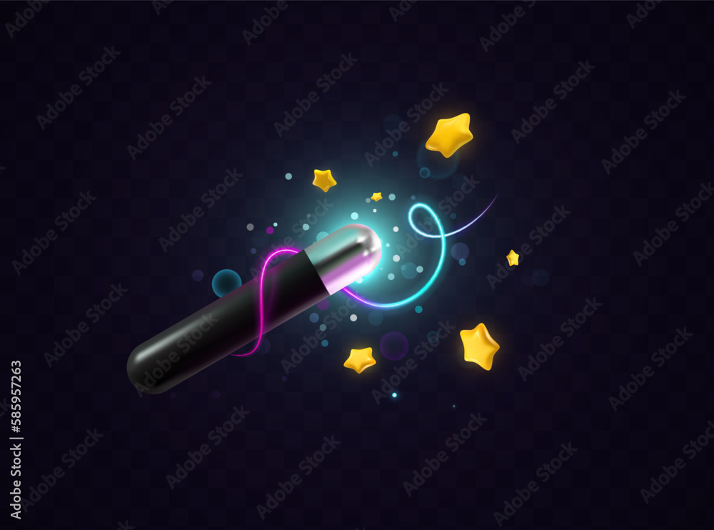 3D vector illustration of magic wand with magical lightning, sparkles ...
