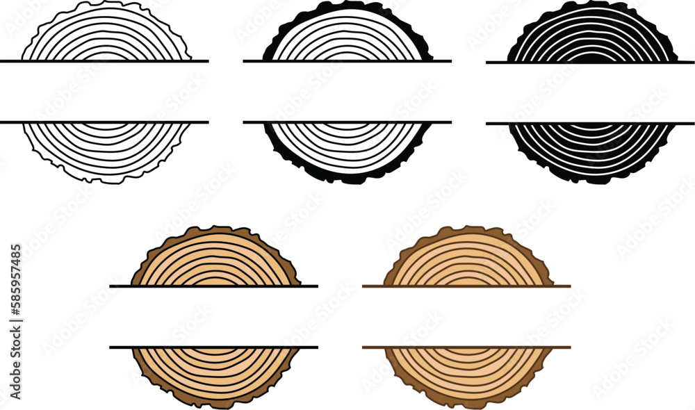 Tree Rings Split Label Logo Clipart Set - Outline, Silhouette and Color ...